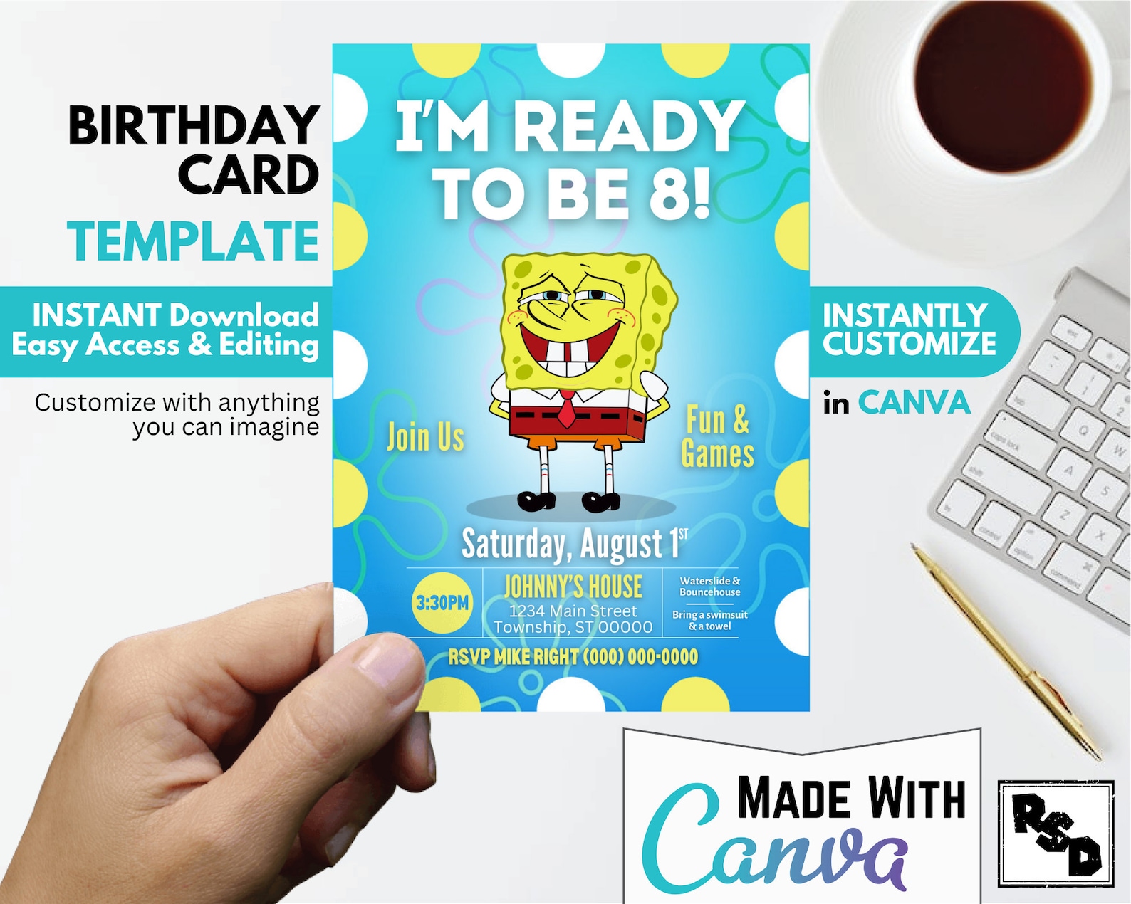 Spongebob Birthday Card, Spongebob Invitation, Cartoon Birthday ...