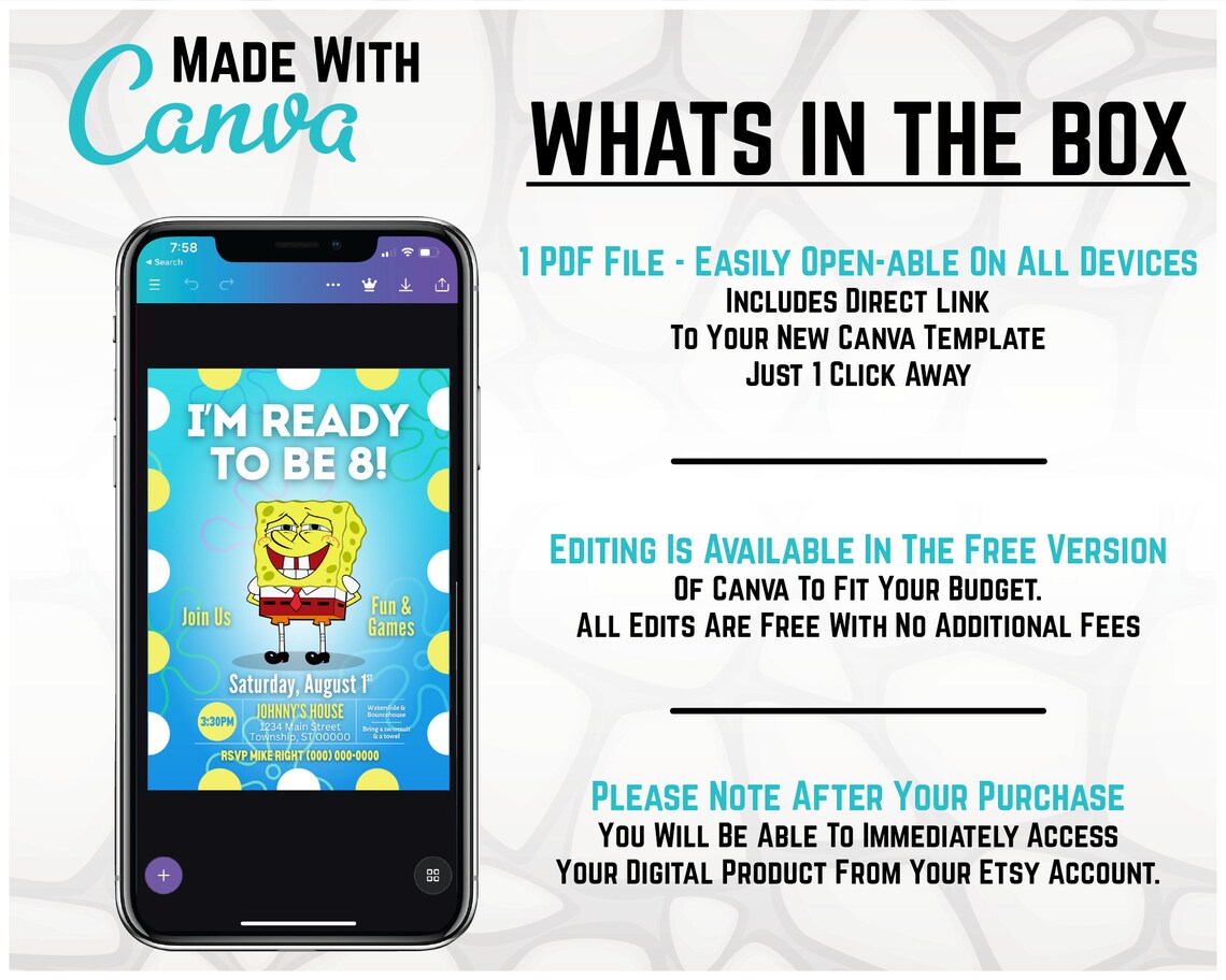 Spongebob Birthday Card, Spongebob Invitation, Cartoon Birthday ...