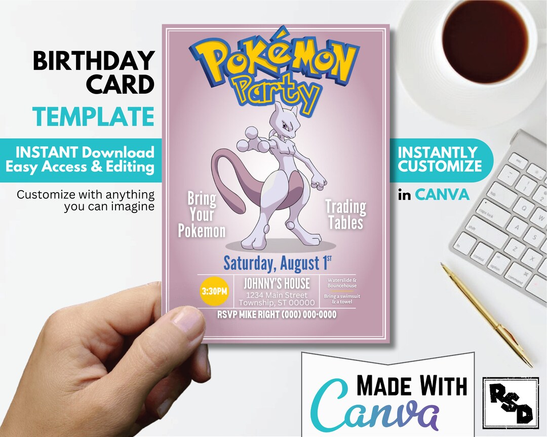 Pokemon Mewtwo Invitation, Pokemon Birthday Invitation, Editable ...