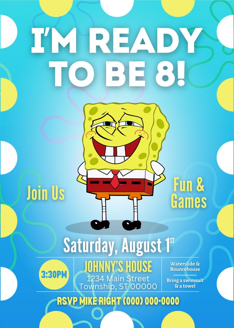 Spongebob Birthday Card, Spongebob Invitation, Cartoon Birthday ...