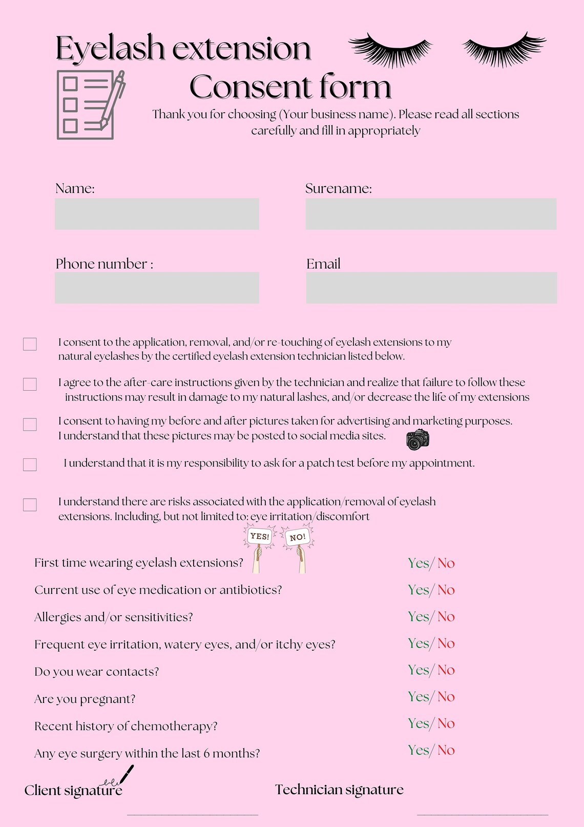 Eyelash Extension Consent Form Template, Lash Policy (downloadable ...