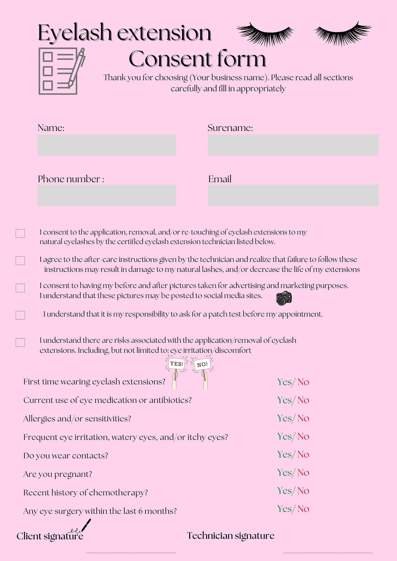 Eyelash Extension Consent Form Template, Lash Policy (downloadable ...