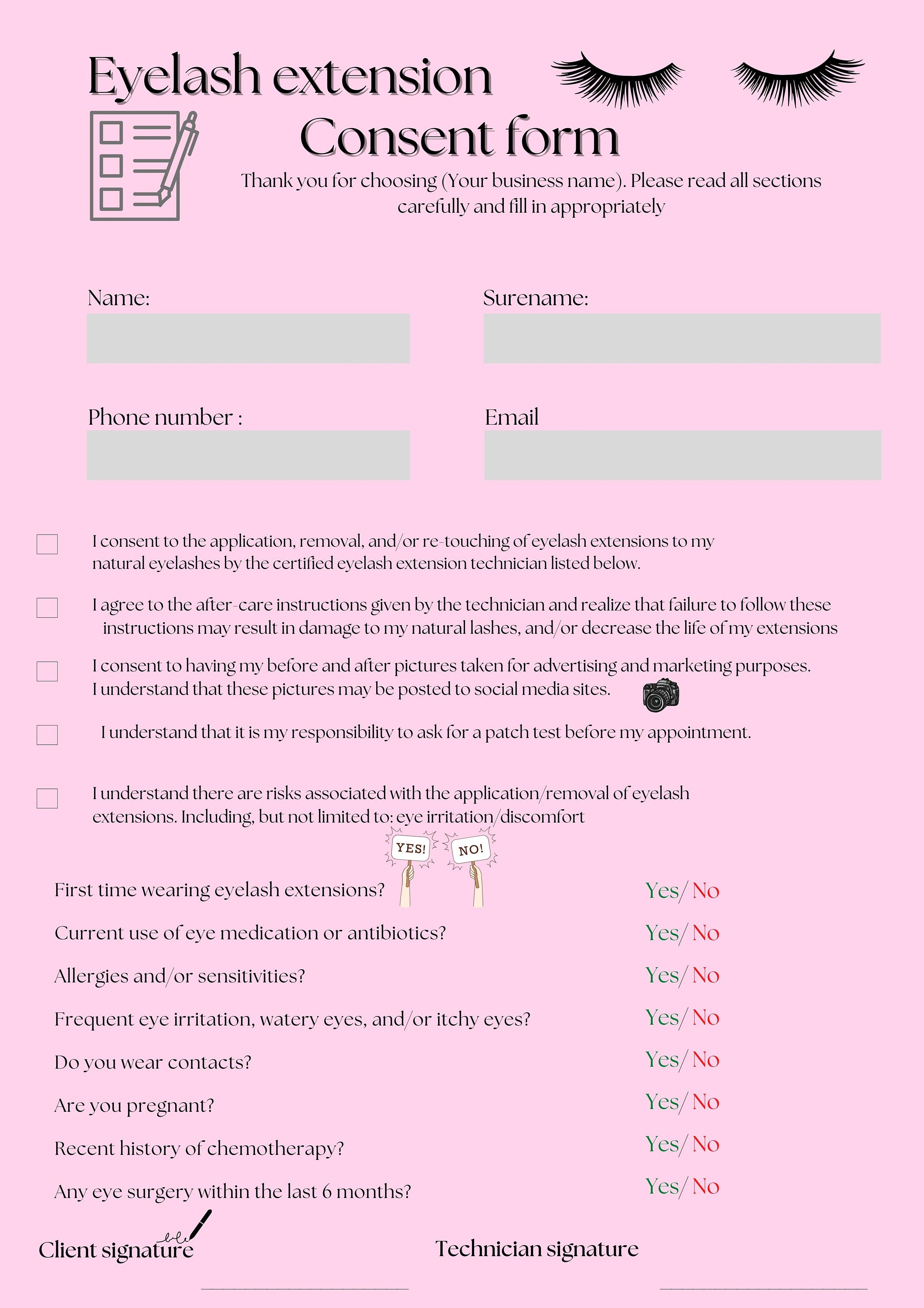 Eyelash Extension Consent Form Template, Lash Policy (downloadable ...