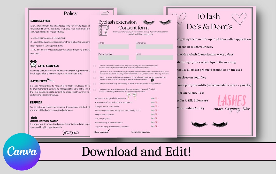 Eyelash Extension Consent Form Template, Lash Policy (downloadable ...