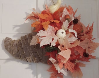 Colorful Autumn and Fall Wreath Featuring Cornucopia Filled With Corn ...