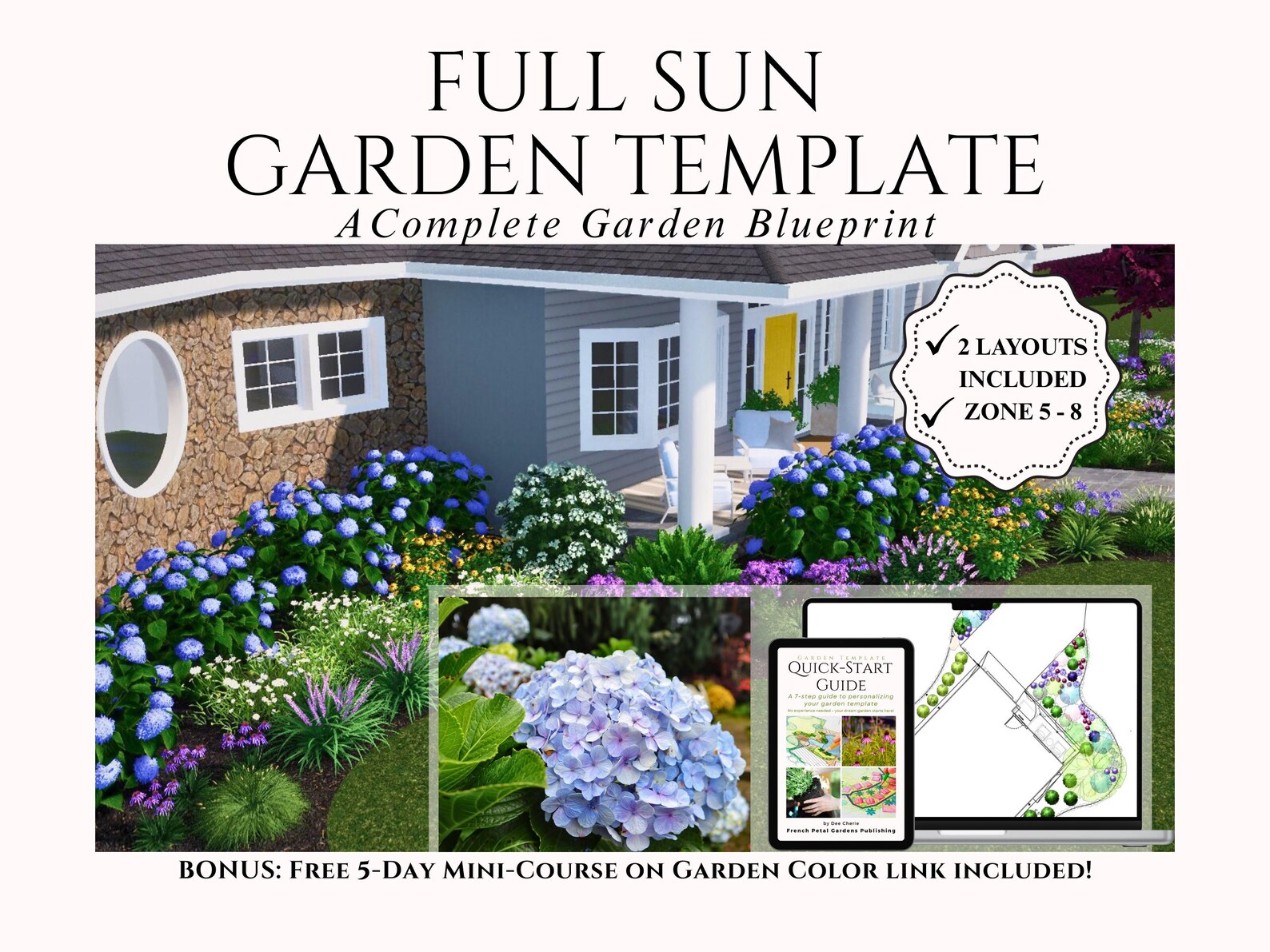 Front Yard Landscaping Plan With Hydrangeas | Low Maintenance Cottage ...