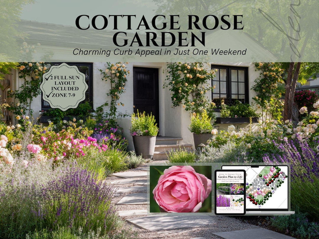 Cottage Rose Garden Plan Front Yard Landscaping Layout Pink Roses + Low ...