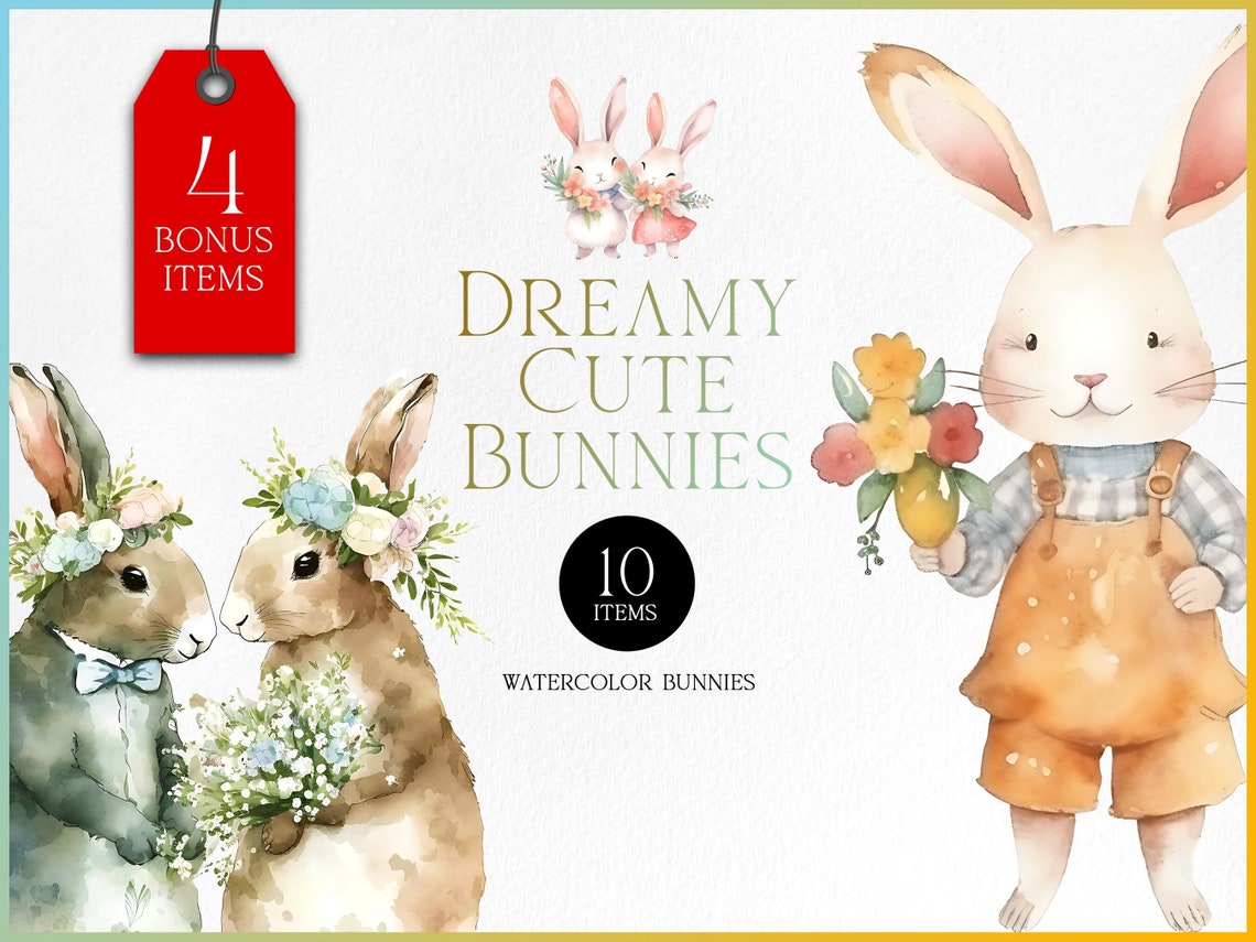 Dreamy Cute Bunnies Watercolor Clipart, Cute Wedding Invitation Clipart ...