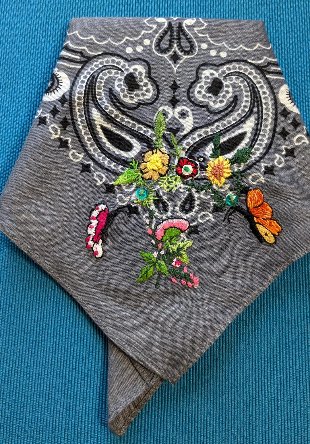 Hand Embroidered Bandana, Embroidered With Butterflies and Flowers ...