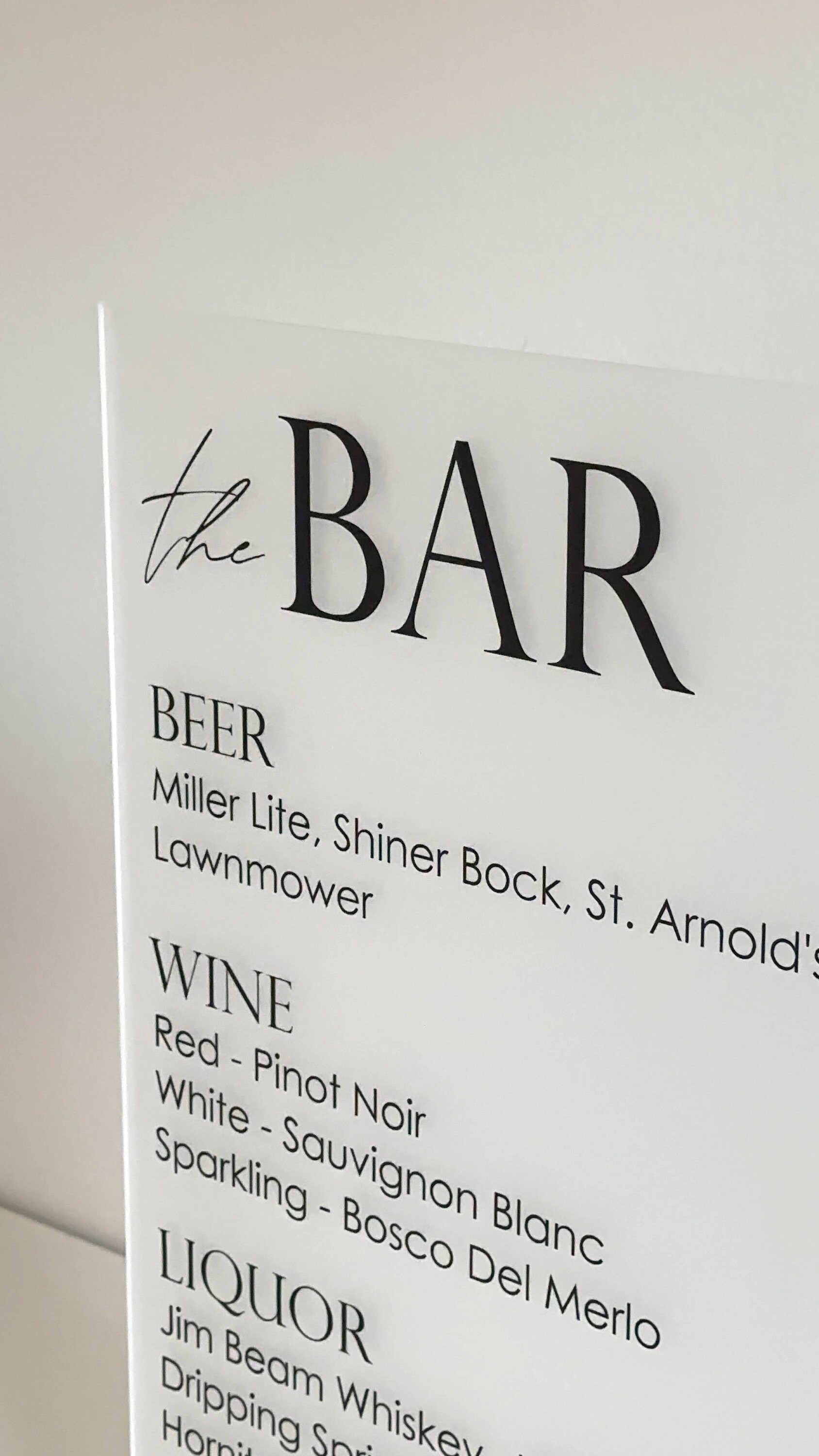 The Bar Sign 11x14 Party Sign Cocktail Menu Bar Menu Acrylic Sign Event ...