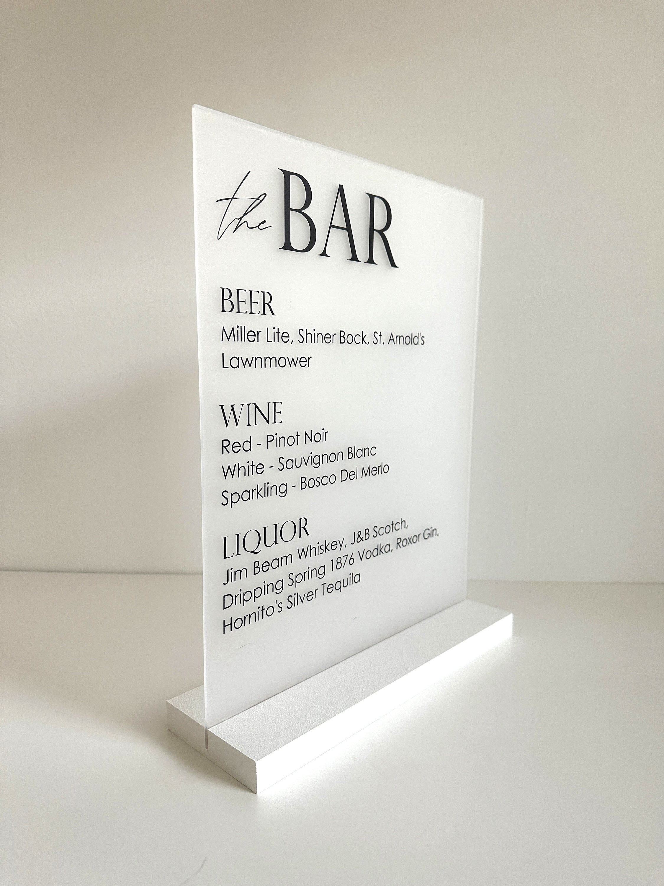 The Bar Sign 11x14 Party Sign Cocktail Menu Bar Menu Acrylic Sign Event ...