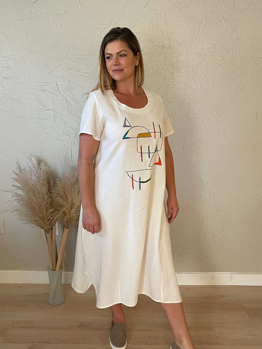 Art on Linen Dress, White Dress, Mid Length Linen Dress, Linen Clothing ...