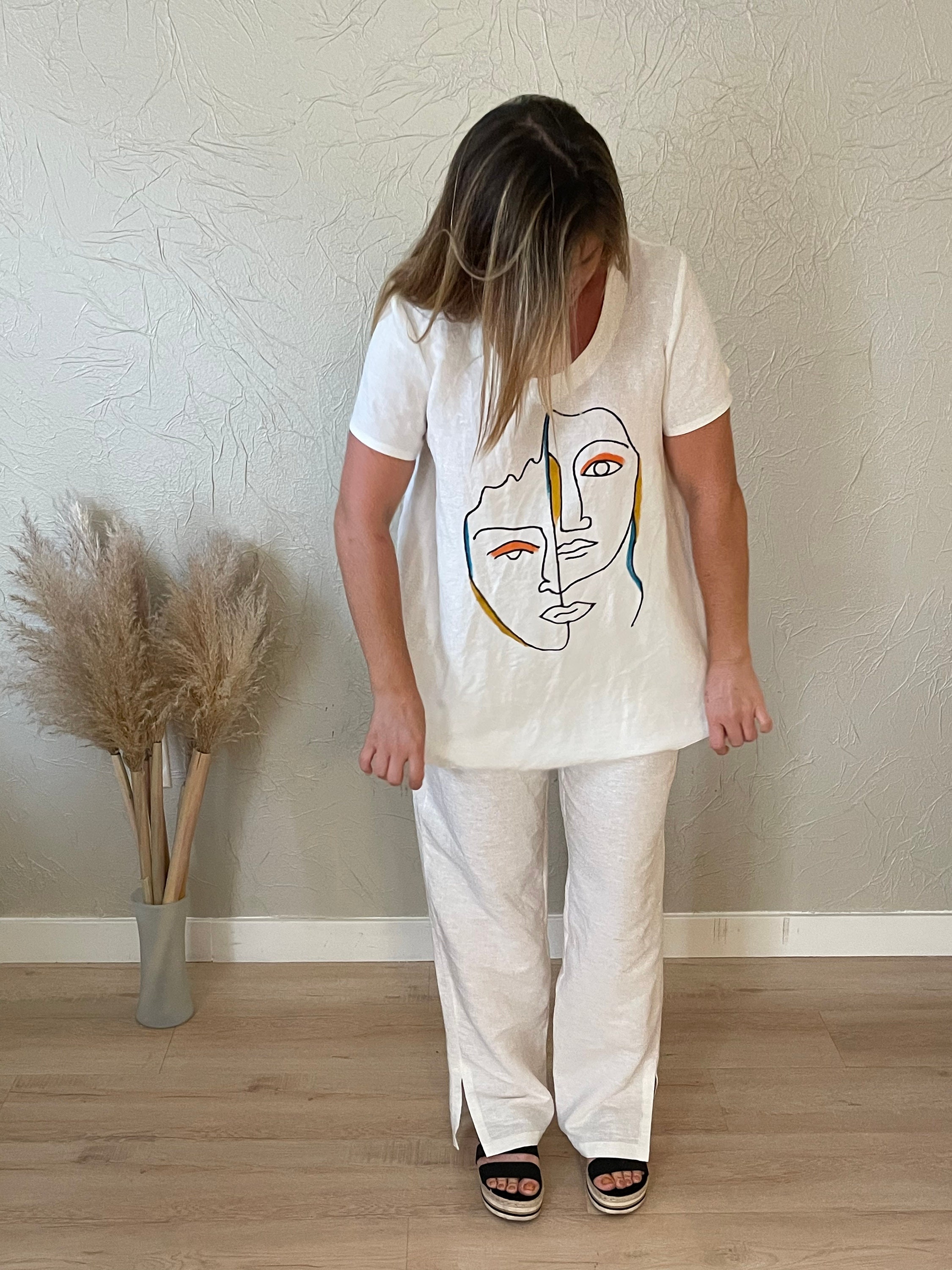 Abstract Hand-drawn Art on Linen, Linen Dress, White Linen Dress, Linen ...