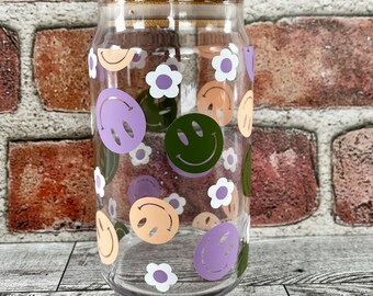 Groovy Smiley Face Glass, Libbey Glass Cup, Boho Glass, Retro, Beer Can ...