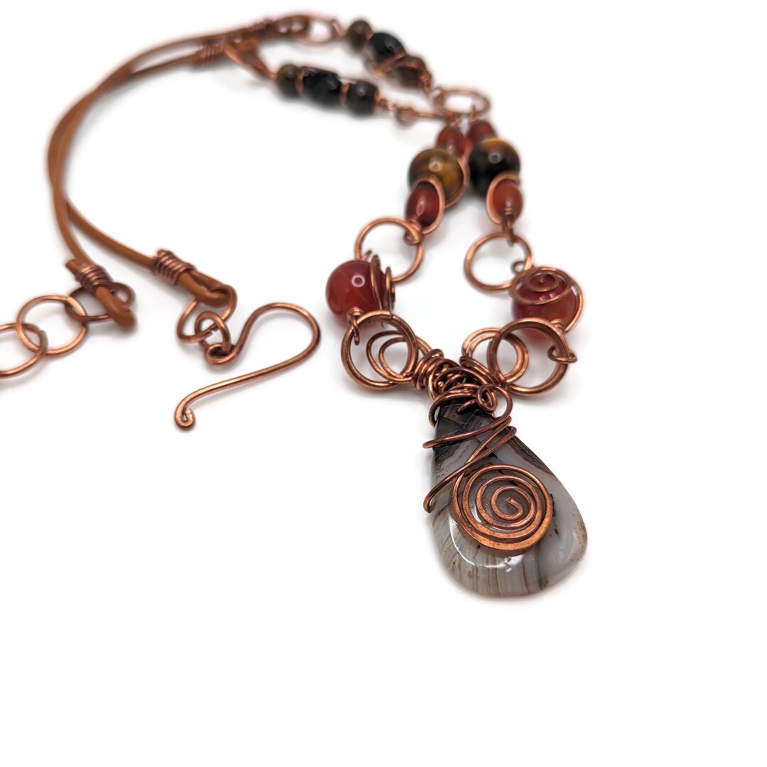 Red Chunky Spiral Necklace With Saddle Leather, Natural Gemstone ...