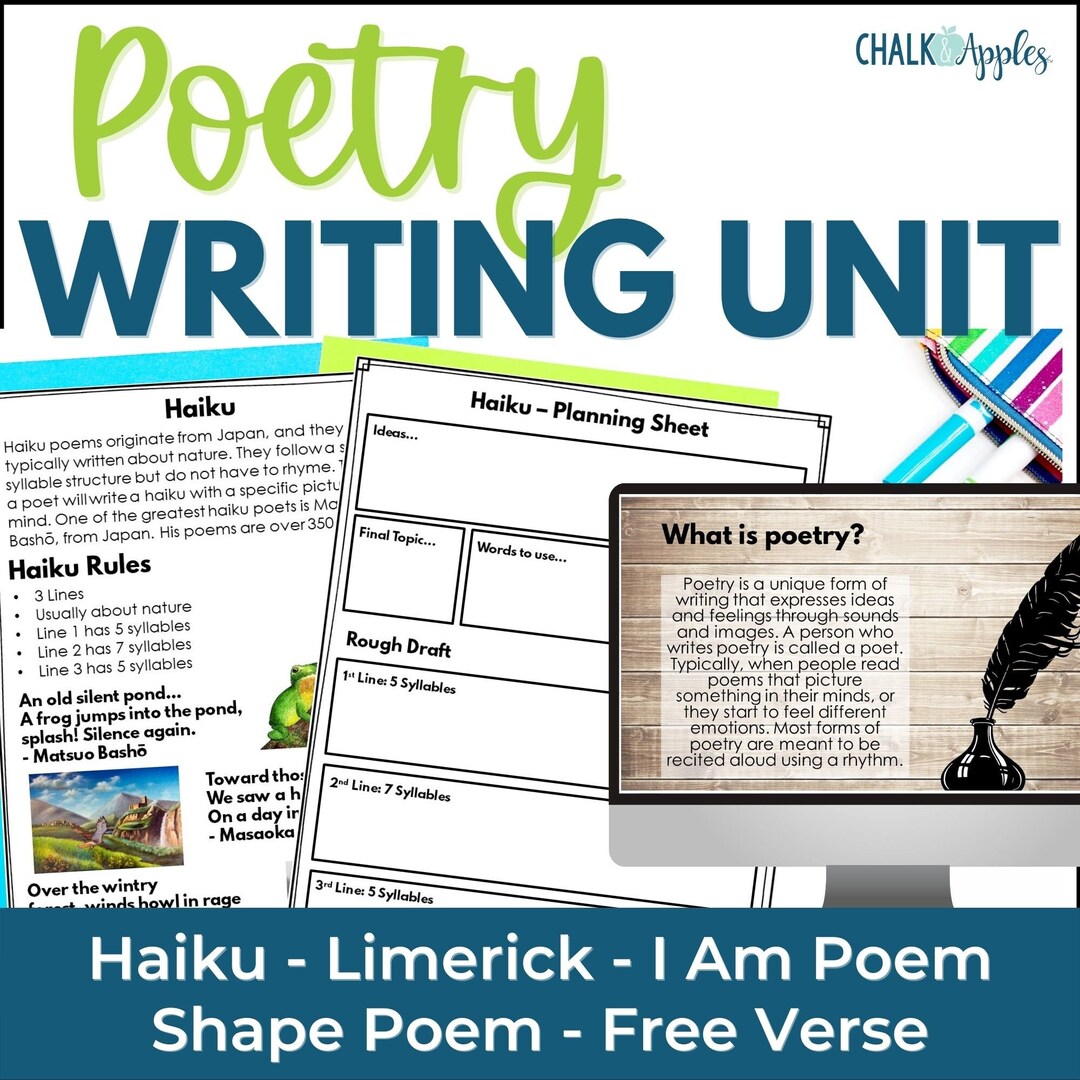 Poetry Unit Writing 5 Types of Poems Haiku, Limerick, I Am, Shape, Free ...