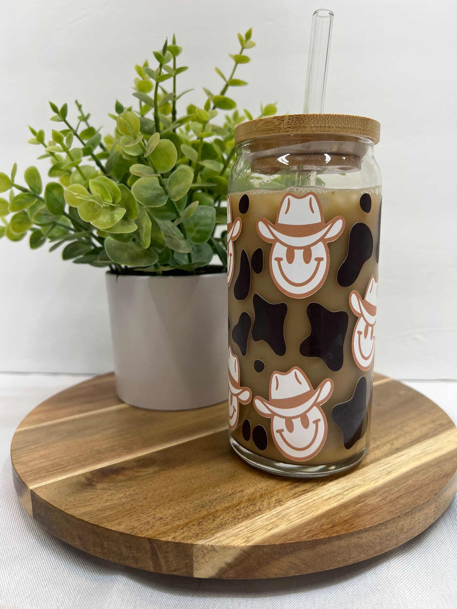 Howdy Cow Print Smiley Cowboy Hat Iced Coffee Glass Soda Beer - Etsy