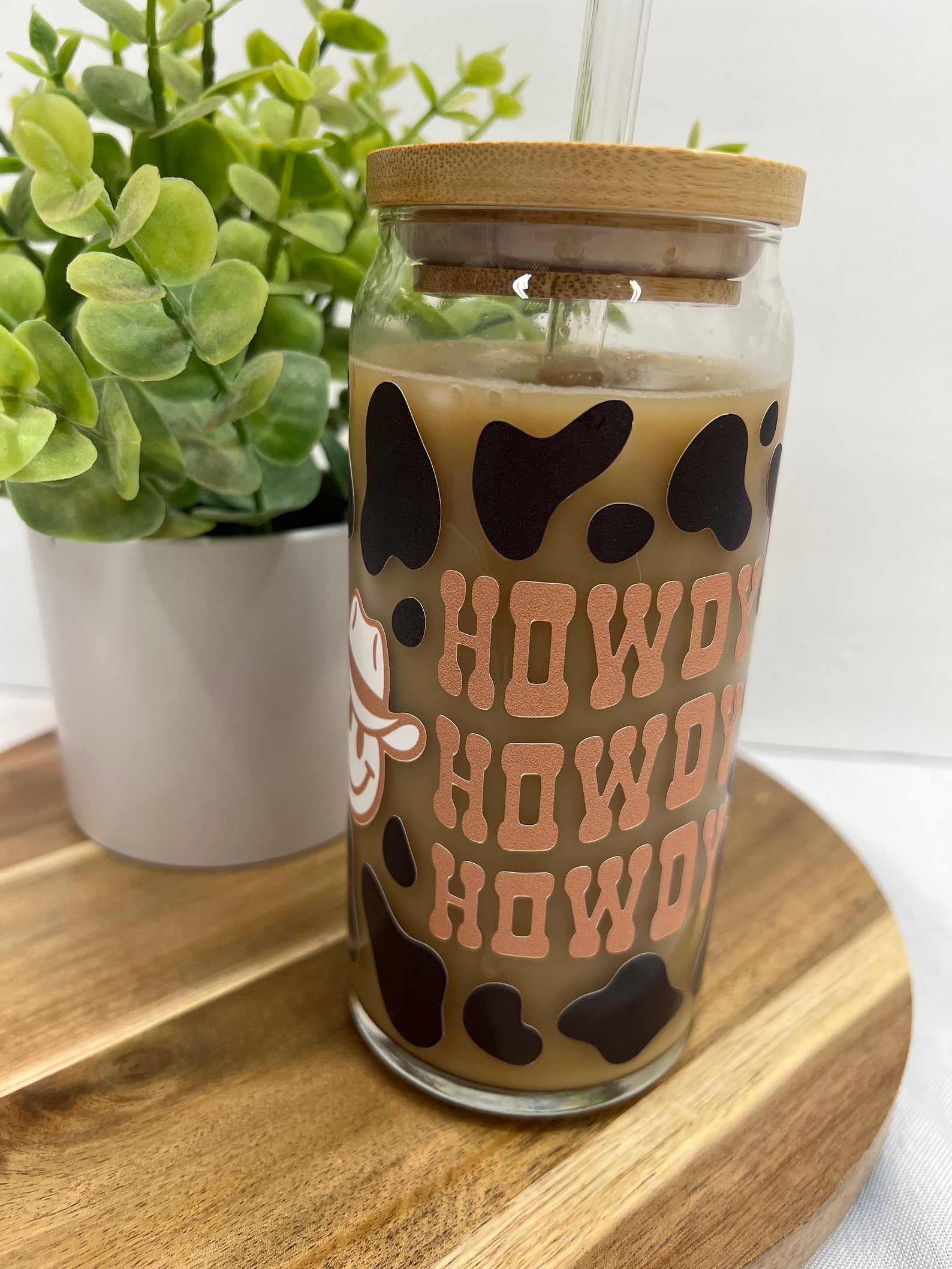 Howdy Cow Print Smiley Cowboy Hat Iced Coffee Glass Soda Beer - Etsy