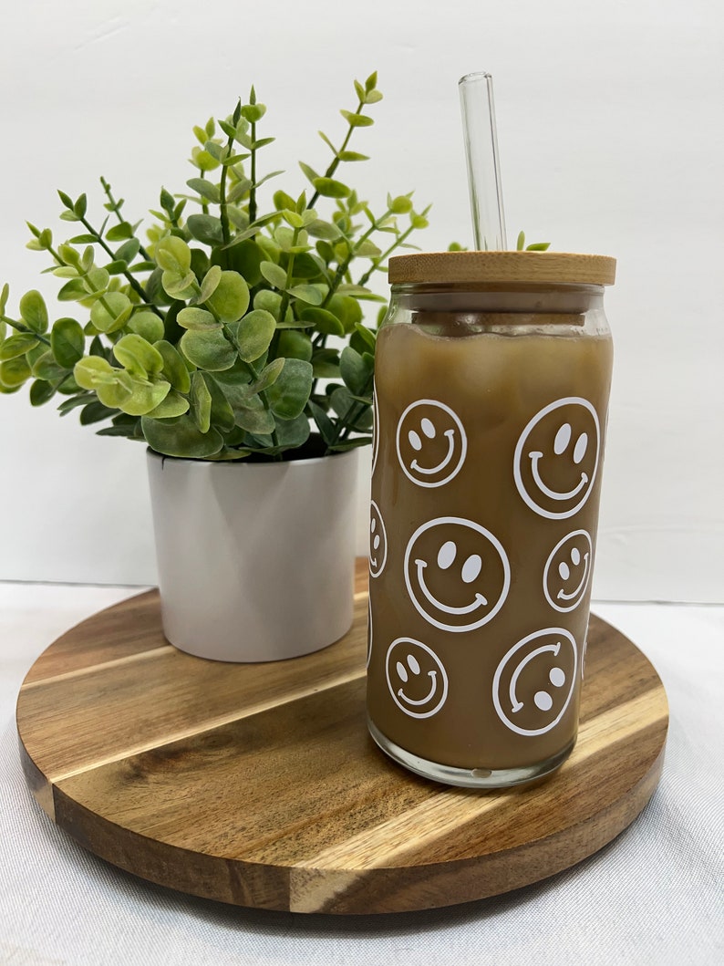 Smiley Face Glass Can Cup Happy Face White Iced Coffee - Etsy