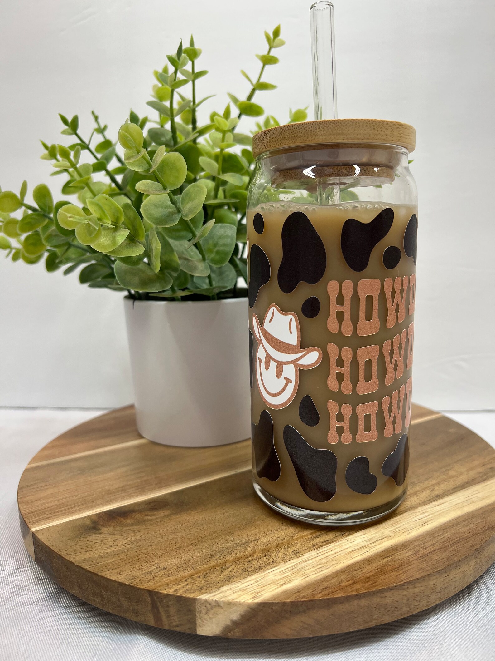Howdy Cow Print Smiley Cowboy Hat Iced Coffee Glass Soda Beer - Etsy