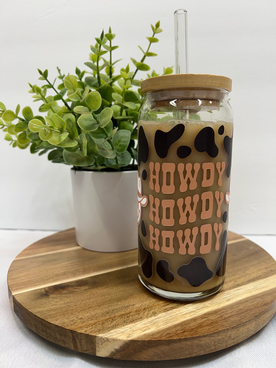 Howdy Cow Print Smiley Cowboy Hat Iced Coffee Glass Soda Beer Can Cup ...