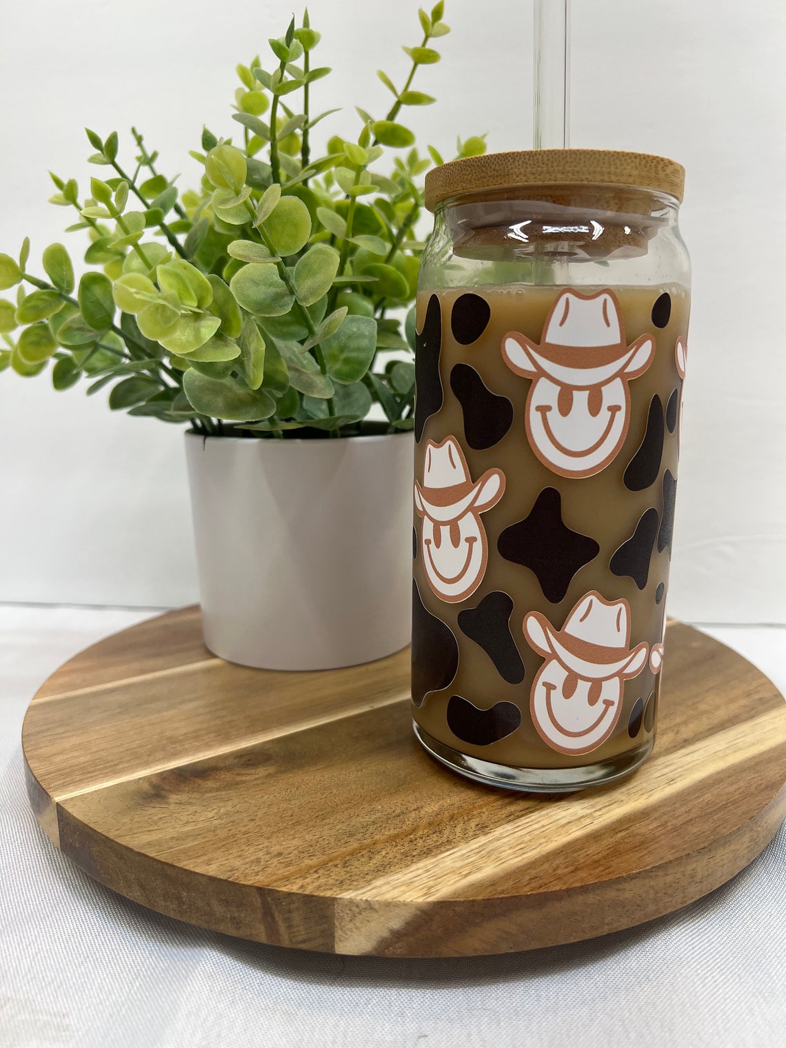 Howdy Cow Print Smiley Cowboy Hat Iced Coffee Glass Soda Beer - Etsy