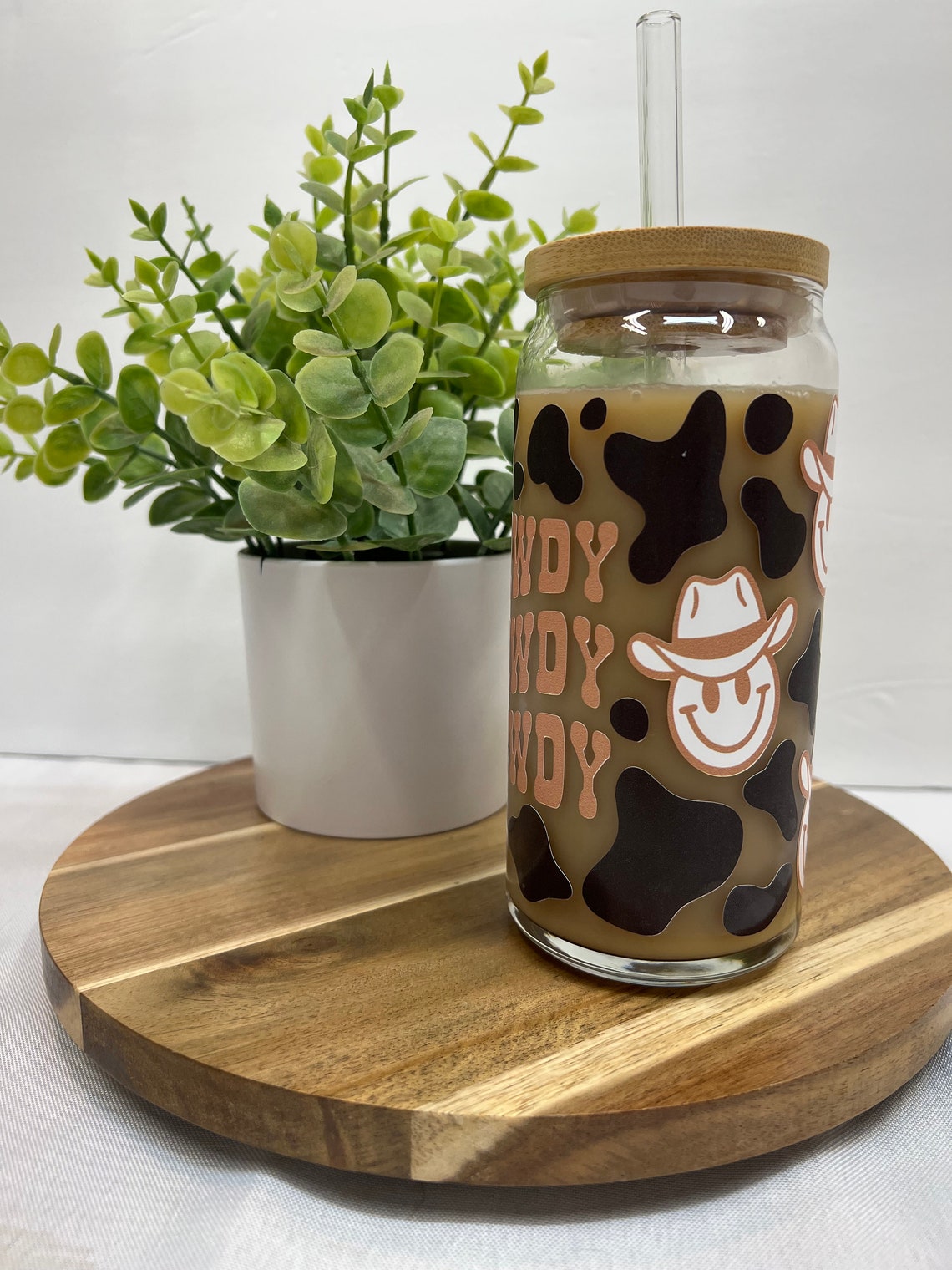 Howdy Cow Print Smiley Cowboy Hat Iced Coffee Glass Soda Beer - Etsy