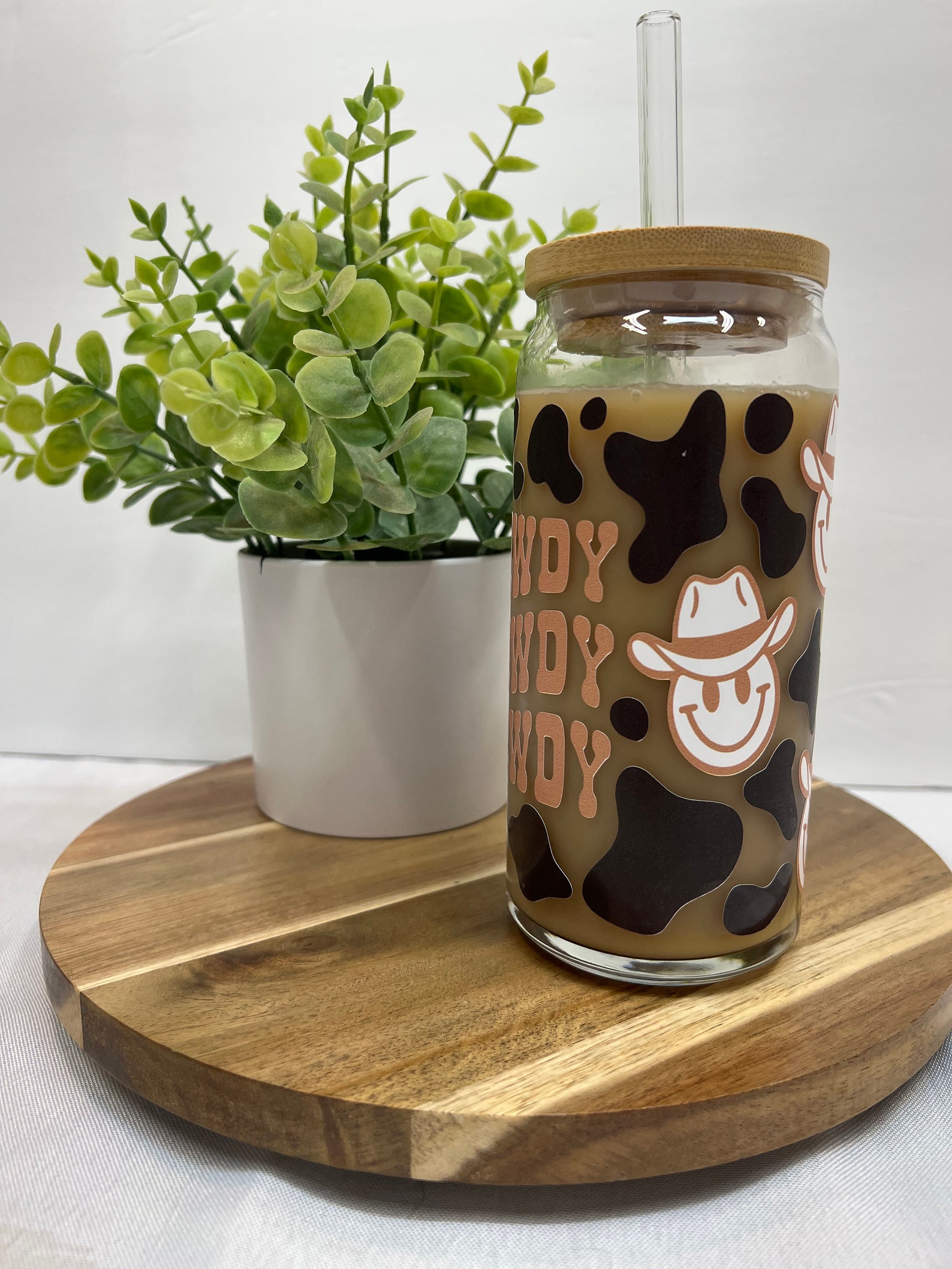 Howdy Cow Print Smiley Cowboy Hat Iced Coffee Glass Soda Beer - Etsy