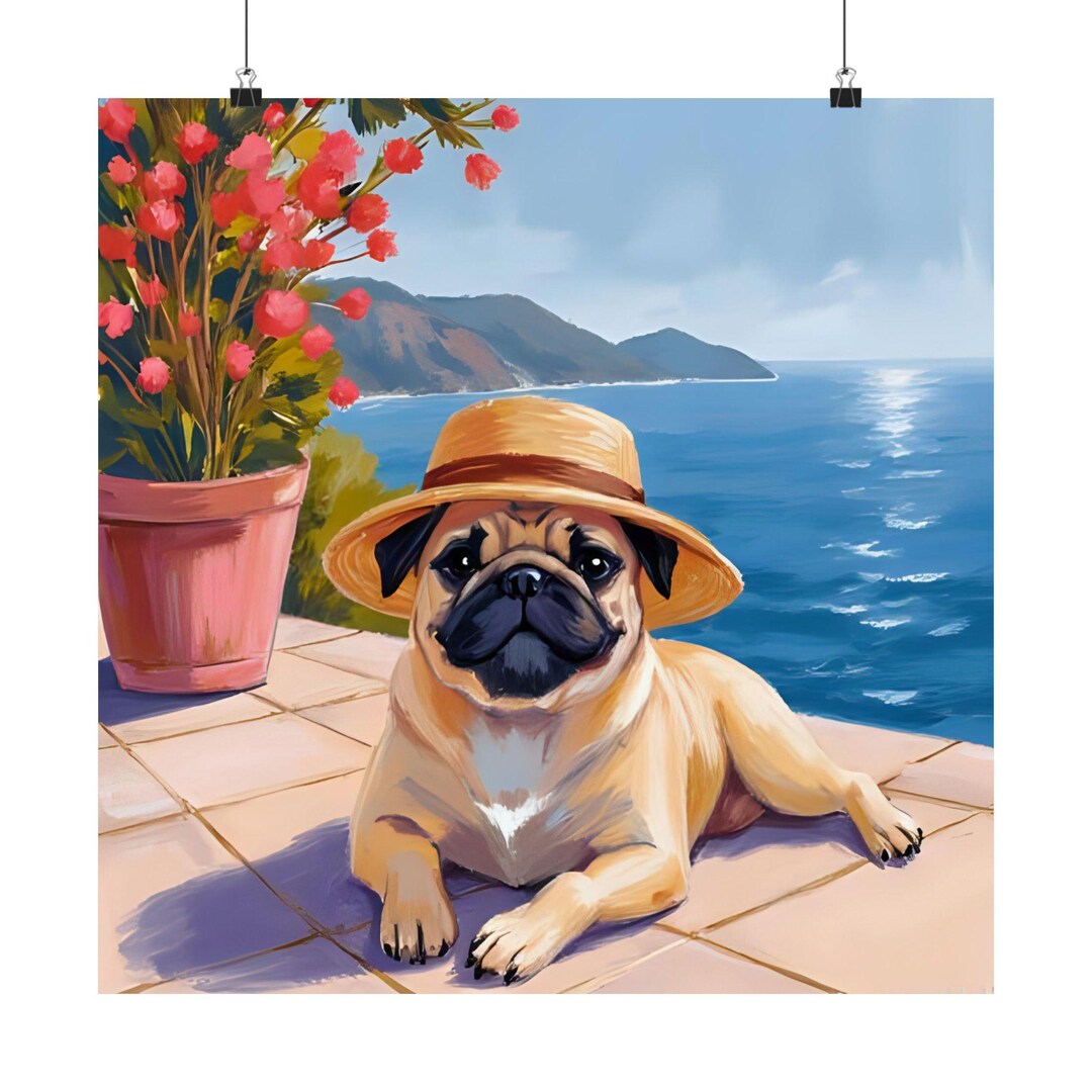 Vertical Poster, Pug in a Sun Hat Italian Patio Wall Art, Matte Print ...
