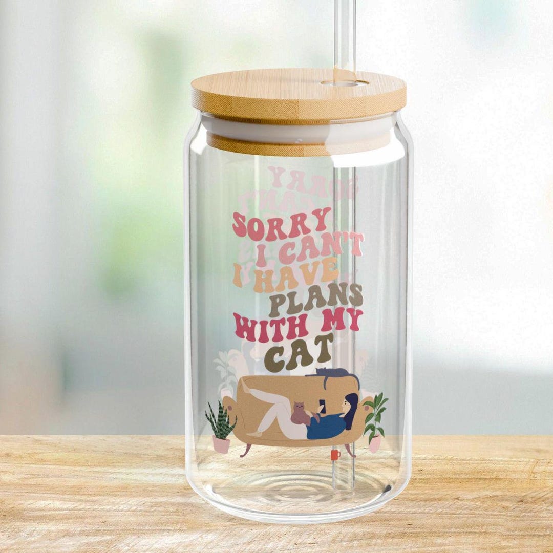 Cat Lover Sipper Glass, 16oz With Woman, Cats, and Coffee Design ...