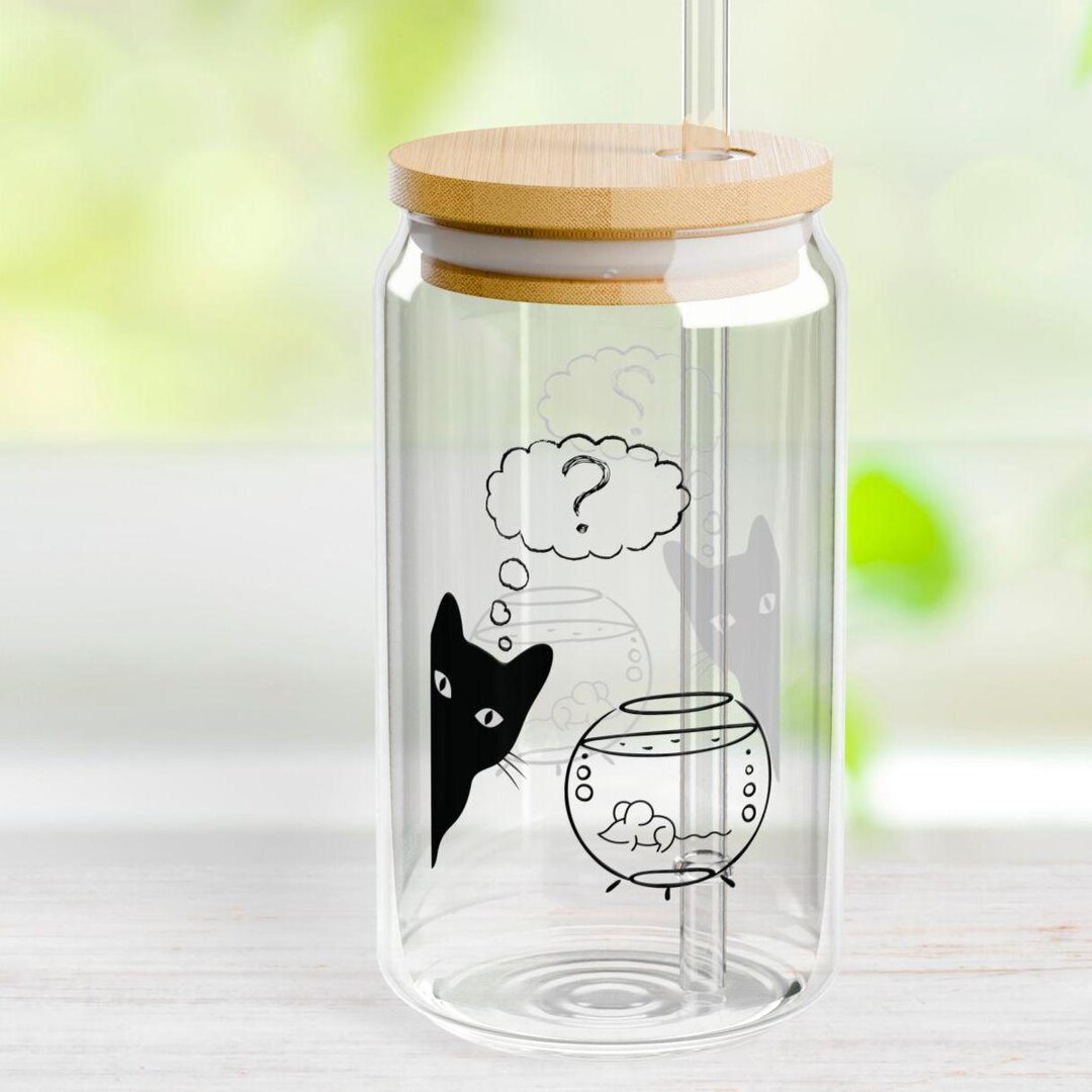 Cat Lover Sipper Glass, 16oz - Black Cat With Mouse Fish Bowl Design ...