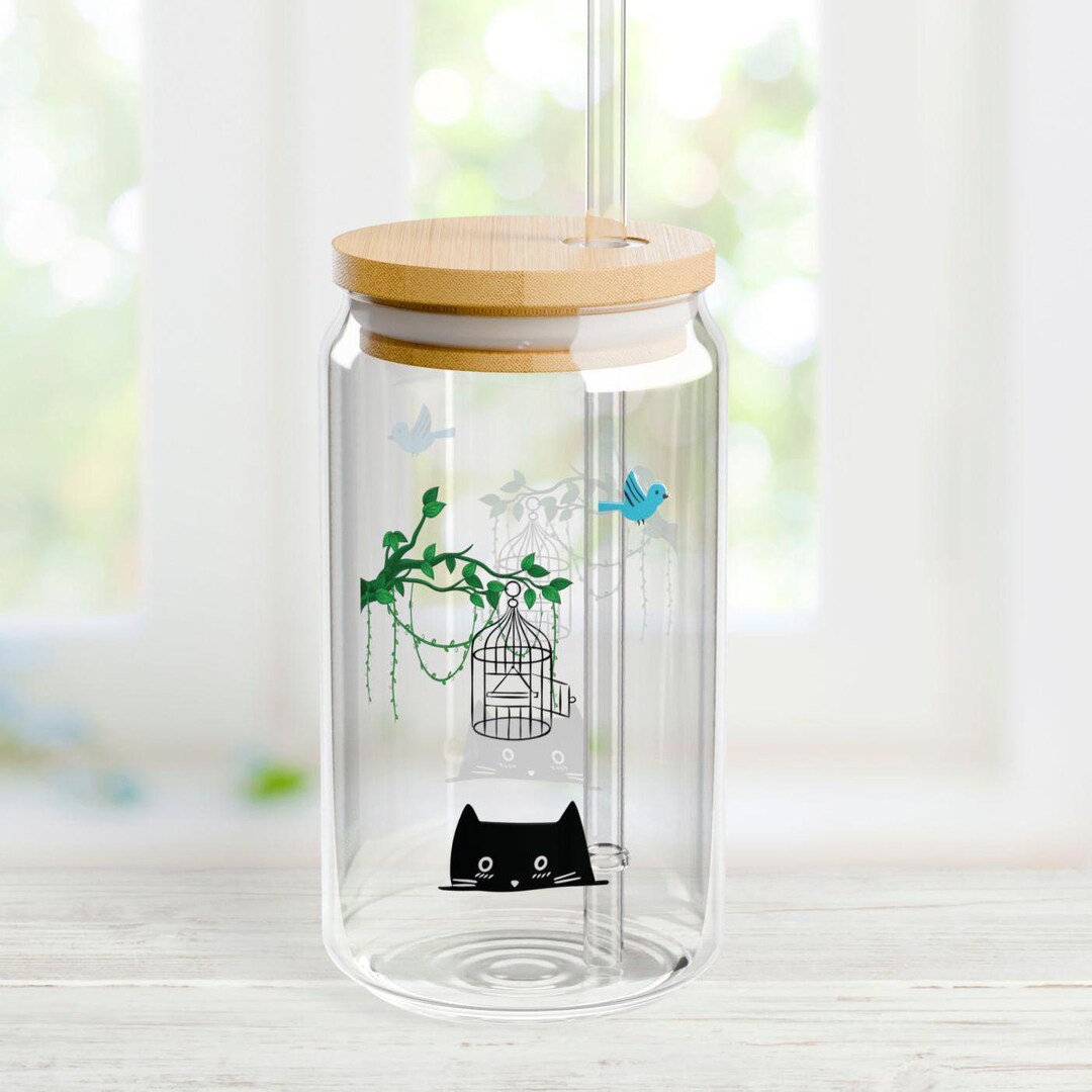 Blue Bird and Black Cat Sipper Glass, 16oz With Bamboo Lid and Tritan ...