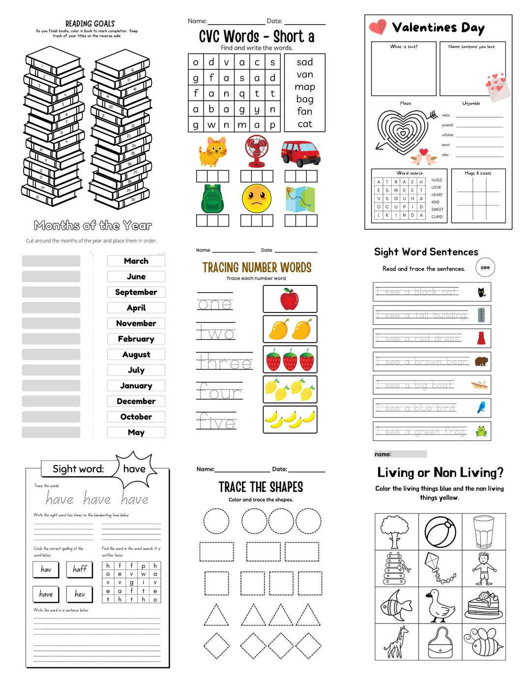Printable Pre-k Preschool Kindergarten Worksheets - Etsy