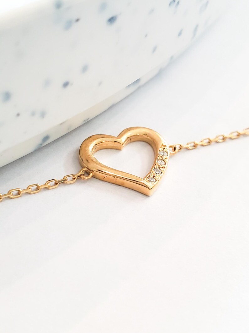 Diamond Heart Bracelet in 14k Solid Gold Open Heart Bracelet 14k Heart ...