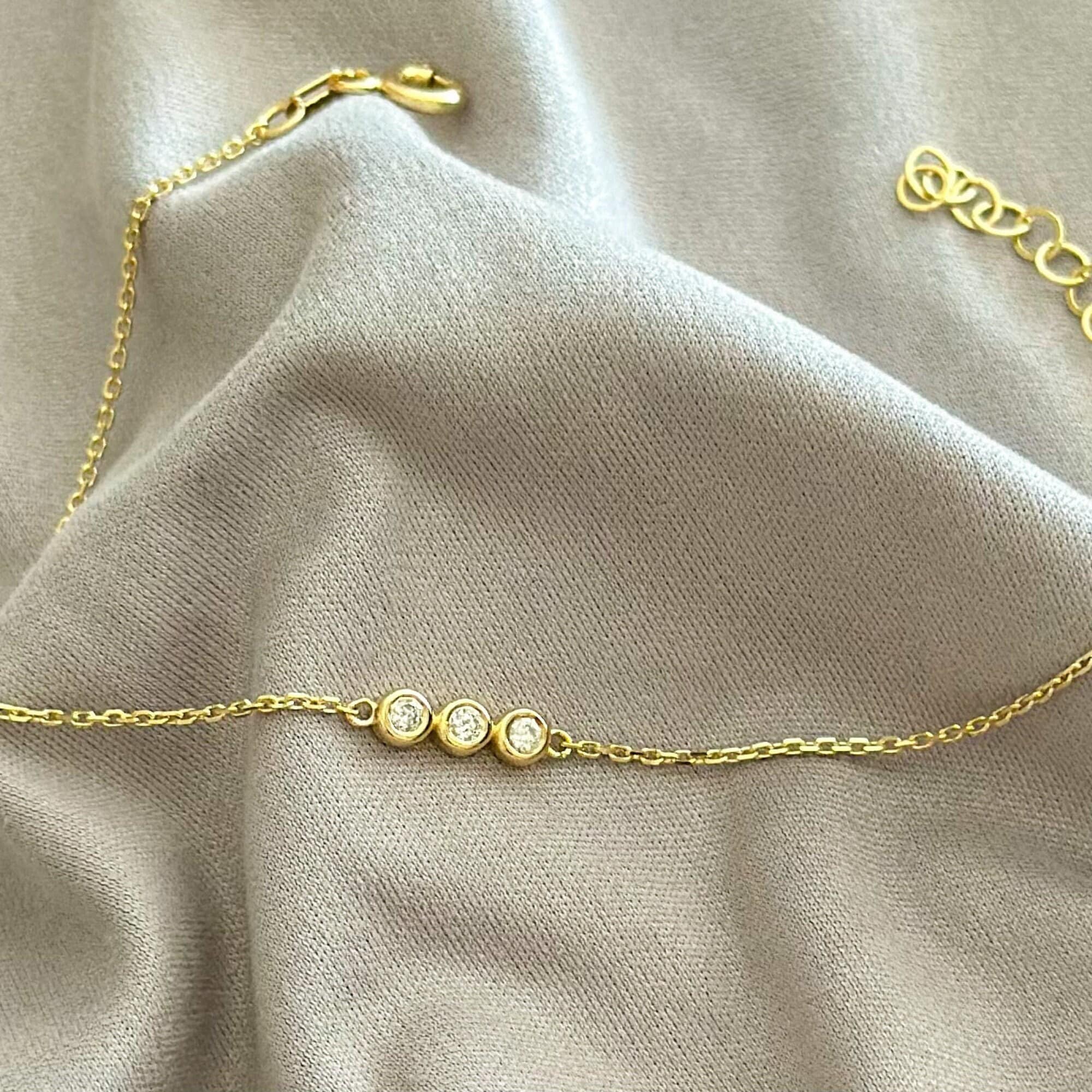 Diamond Bezel Set Bracelet in 14k Solid Gold 3 Stones Genuine Diamond ...