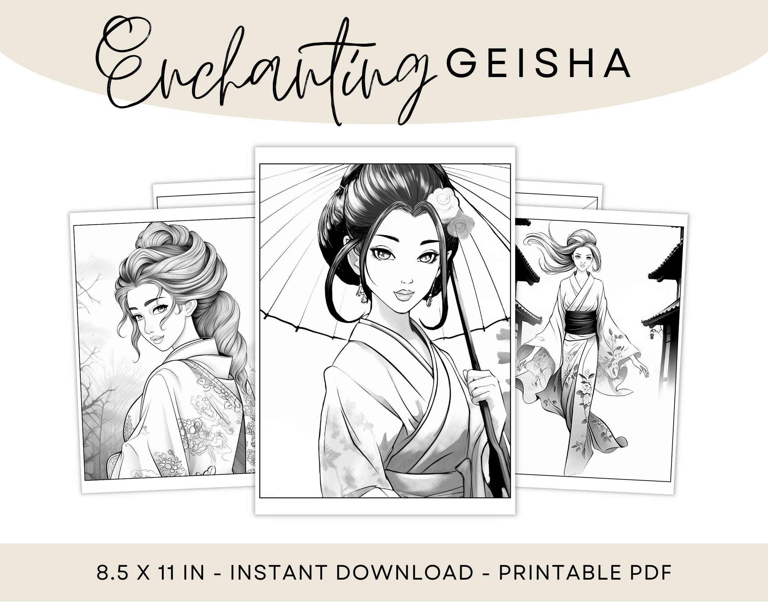 Geisha Coloring Book: Sakura Edition, Grayscale Art (PDF) - Etsy