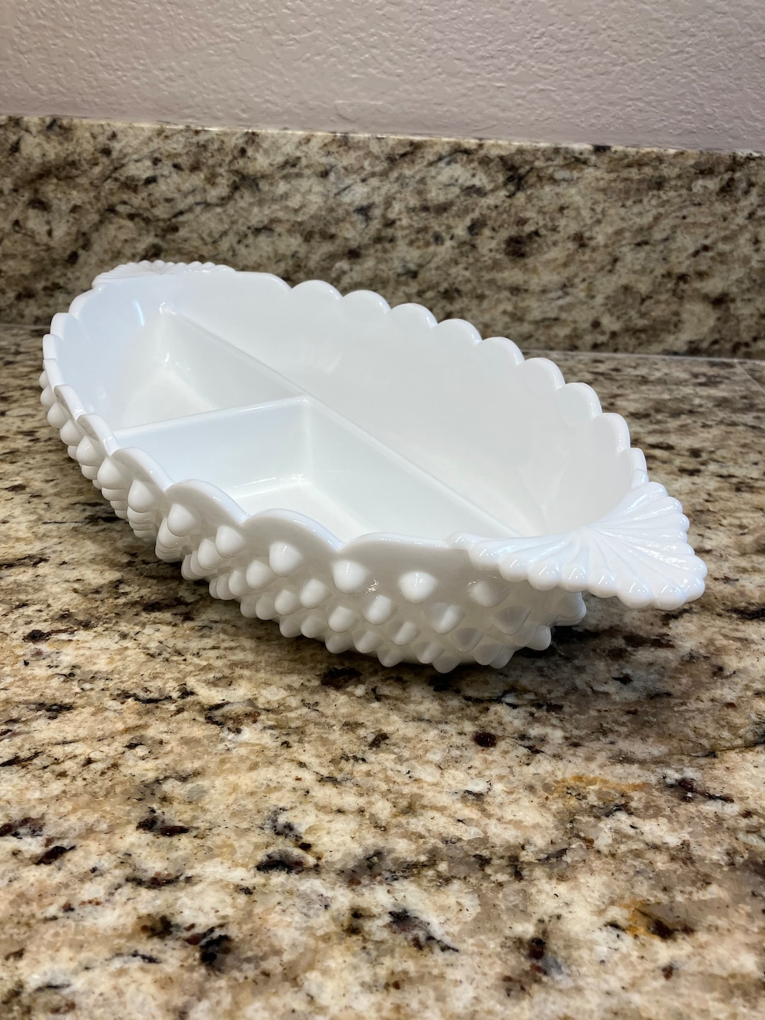 Vintage Fenton Art Glass Milk White Hobnail Three Part Relish Dish Wavy ...