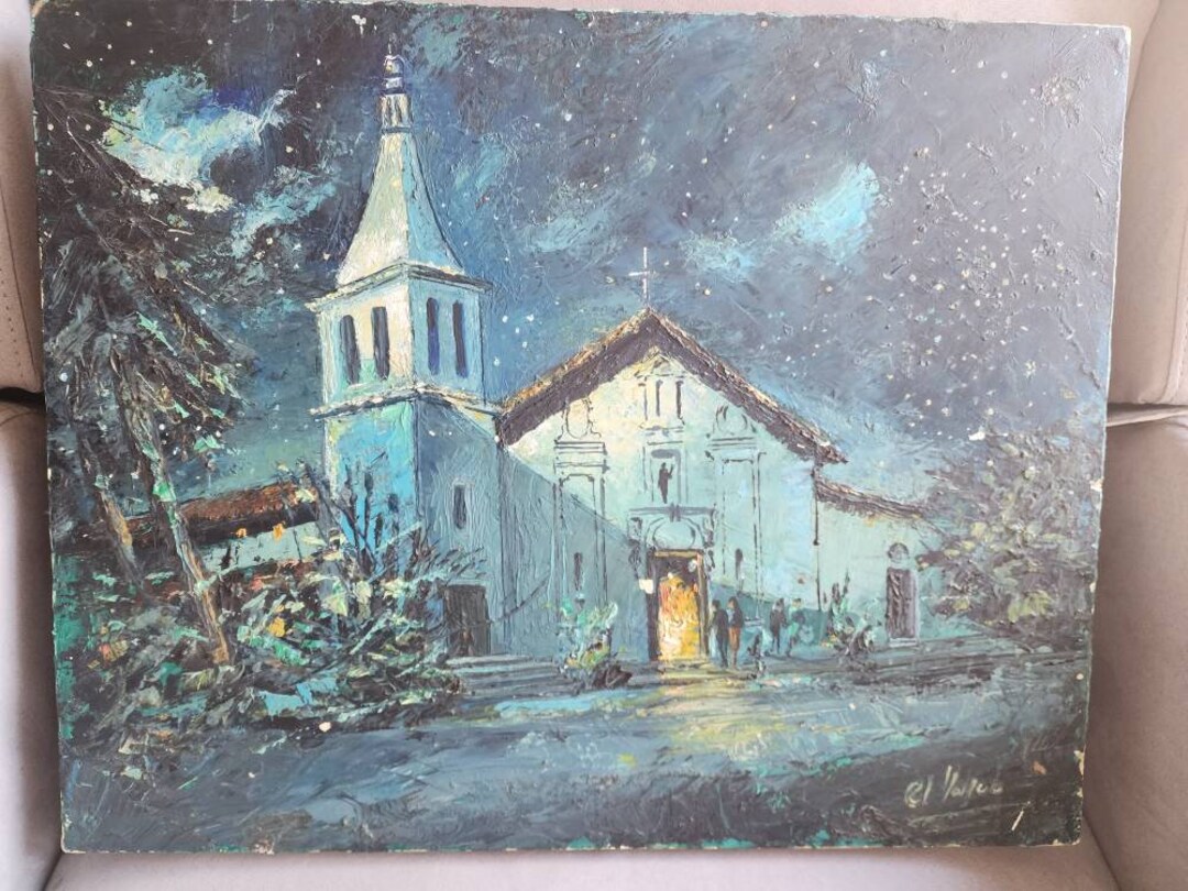 Vintage Impasto Style Oil Painting of Spanish Mission at Night - Etsy