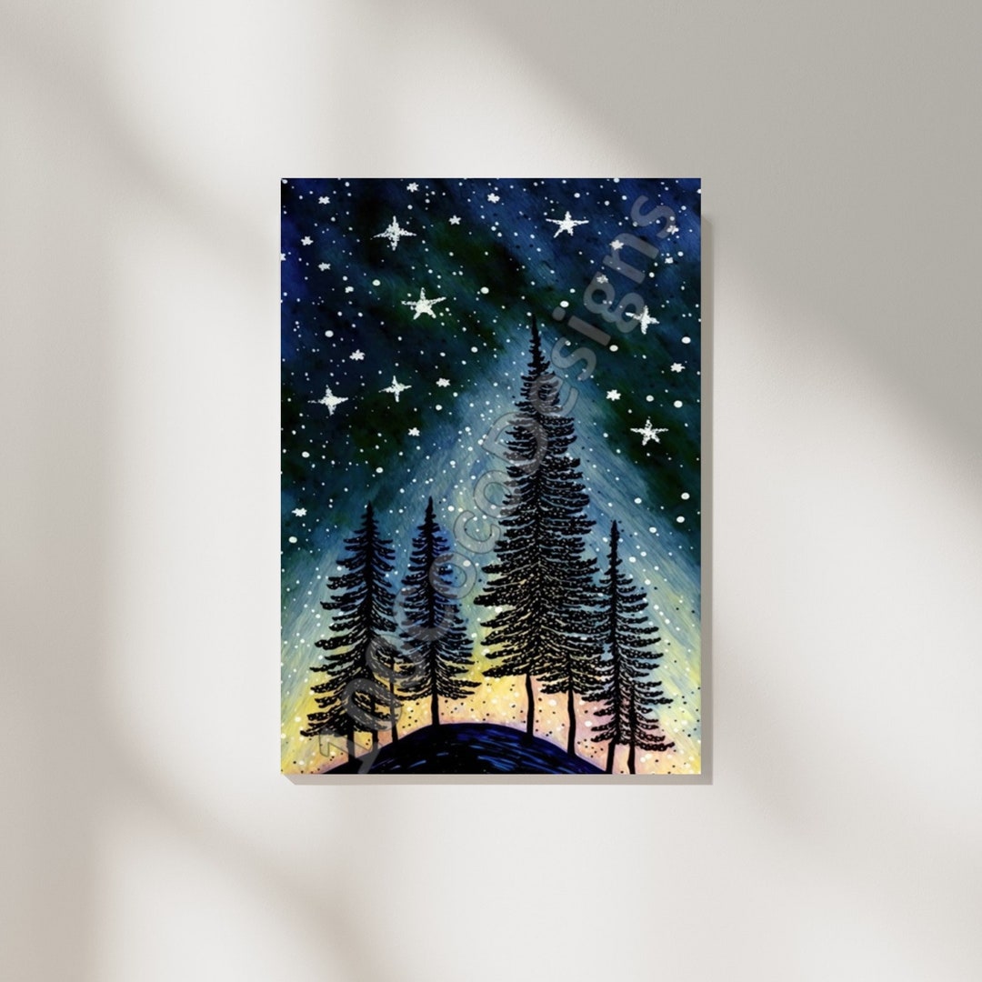 Starry Night Pine Trees Digital Print, Whimsical Celestial Pine Trees ...