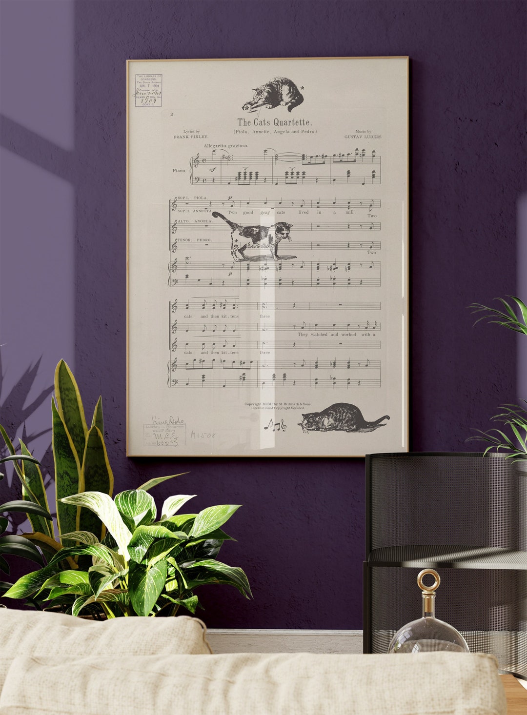 Vintage Sheet Music Cat Wall Art Digital Download Whimsical Printable ...