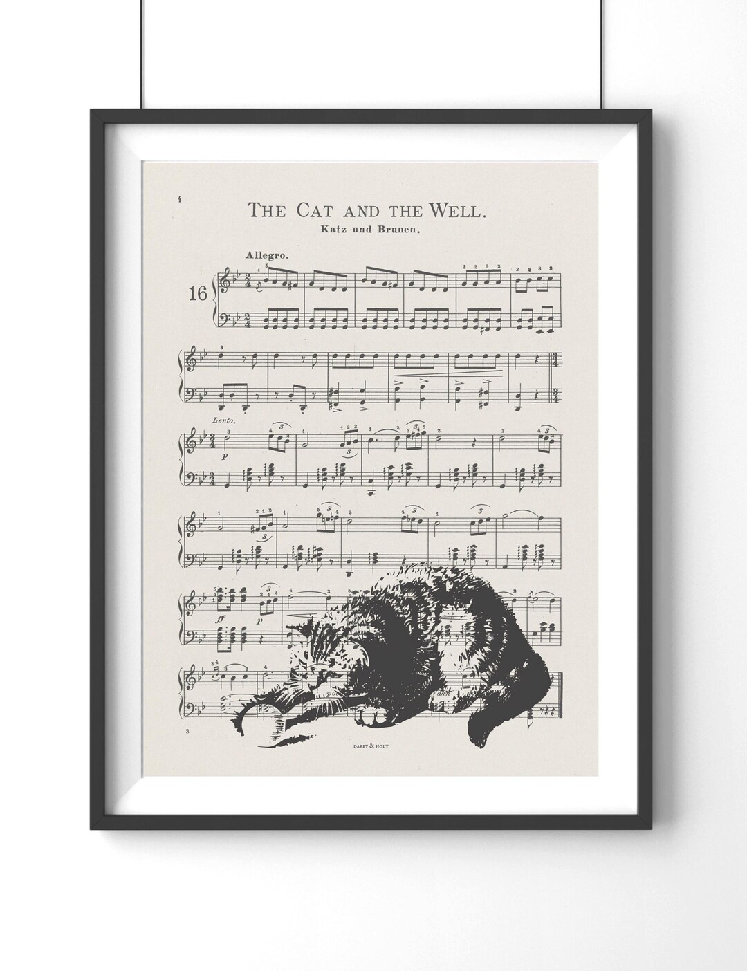 Cute Vintage Cat Print, Sheet Music Wall Art Digital Download, Black ...