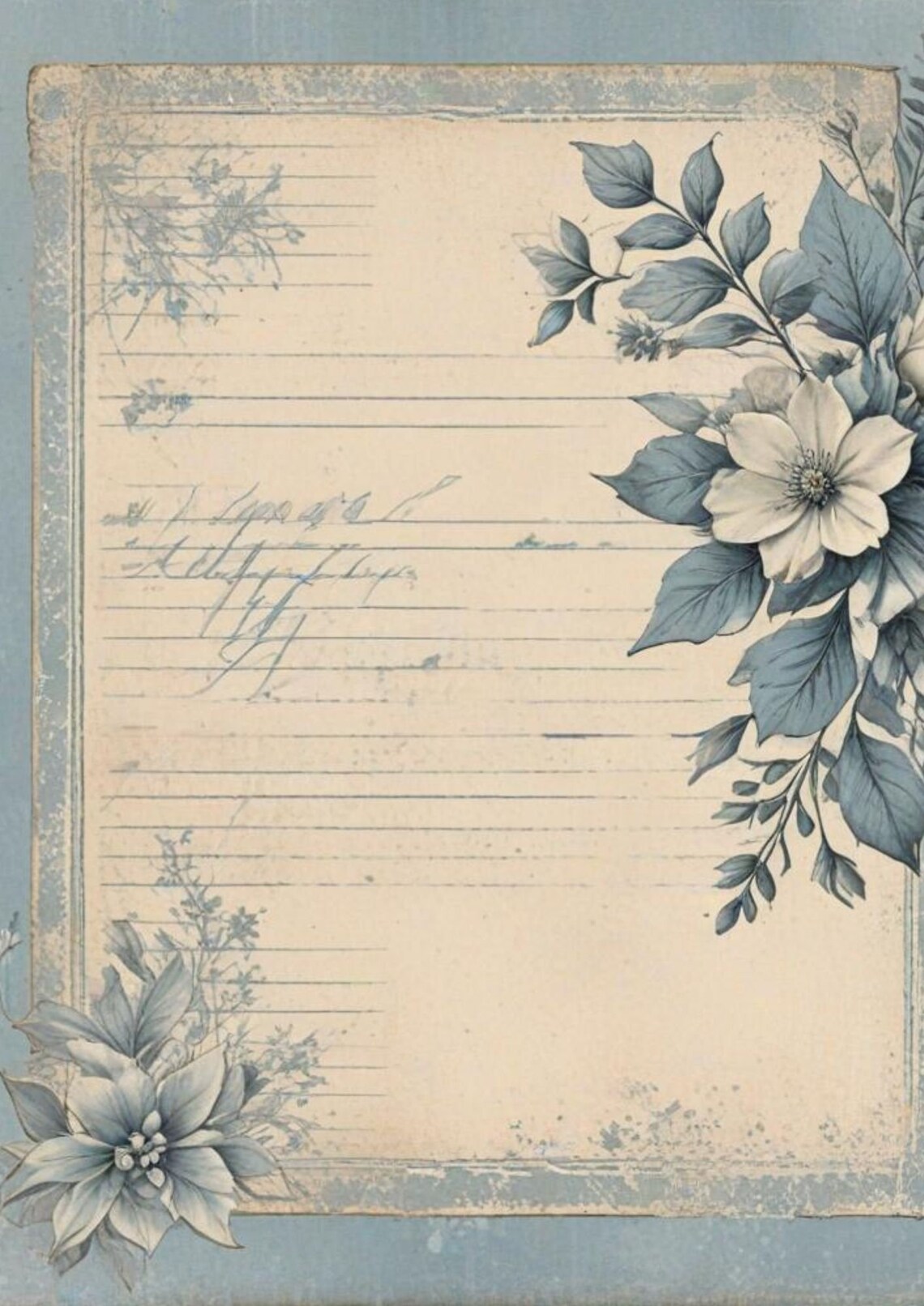 Blue Floral Journal Pages, Rustic Style , Digital Paper , Scrapbook ...