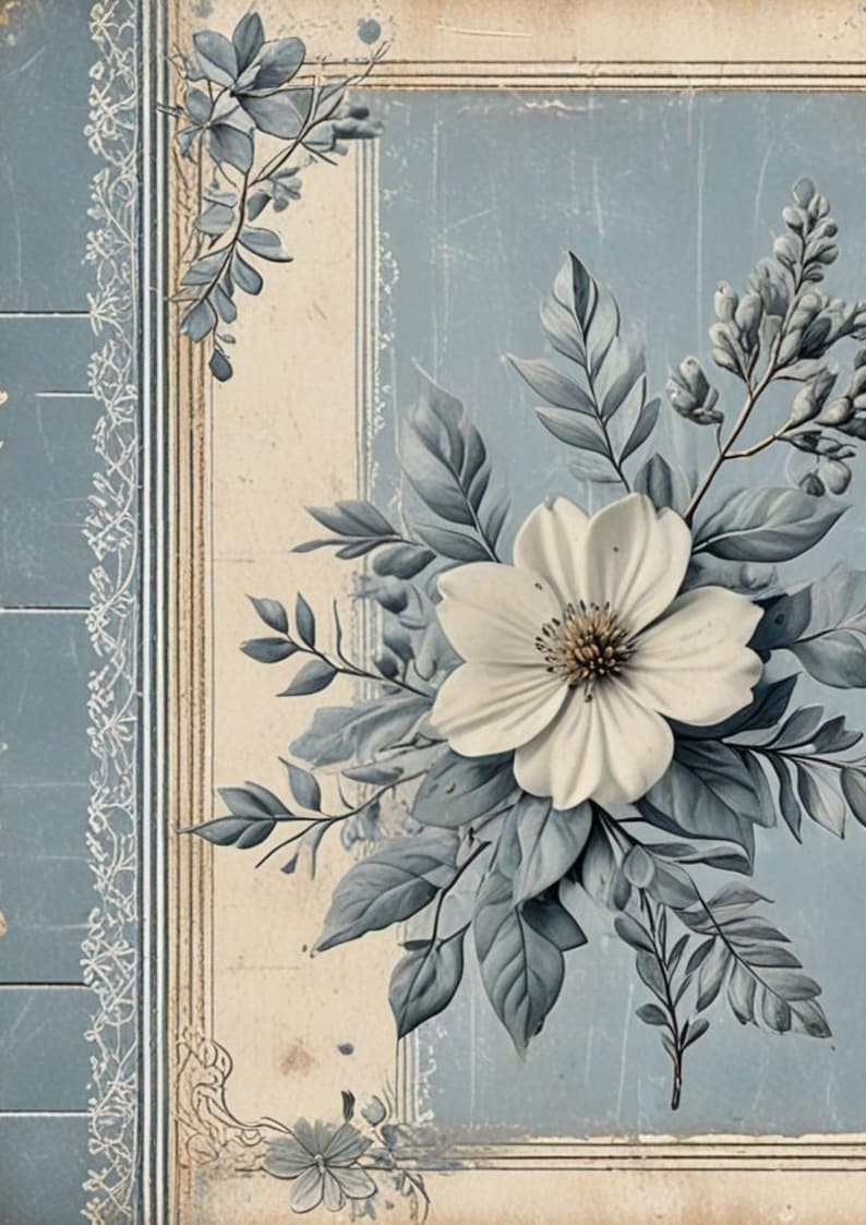 Blue Floral Journal Pages, Rustic Style , Digital Paper , Scrapbook ...