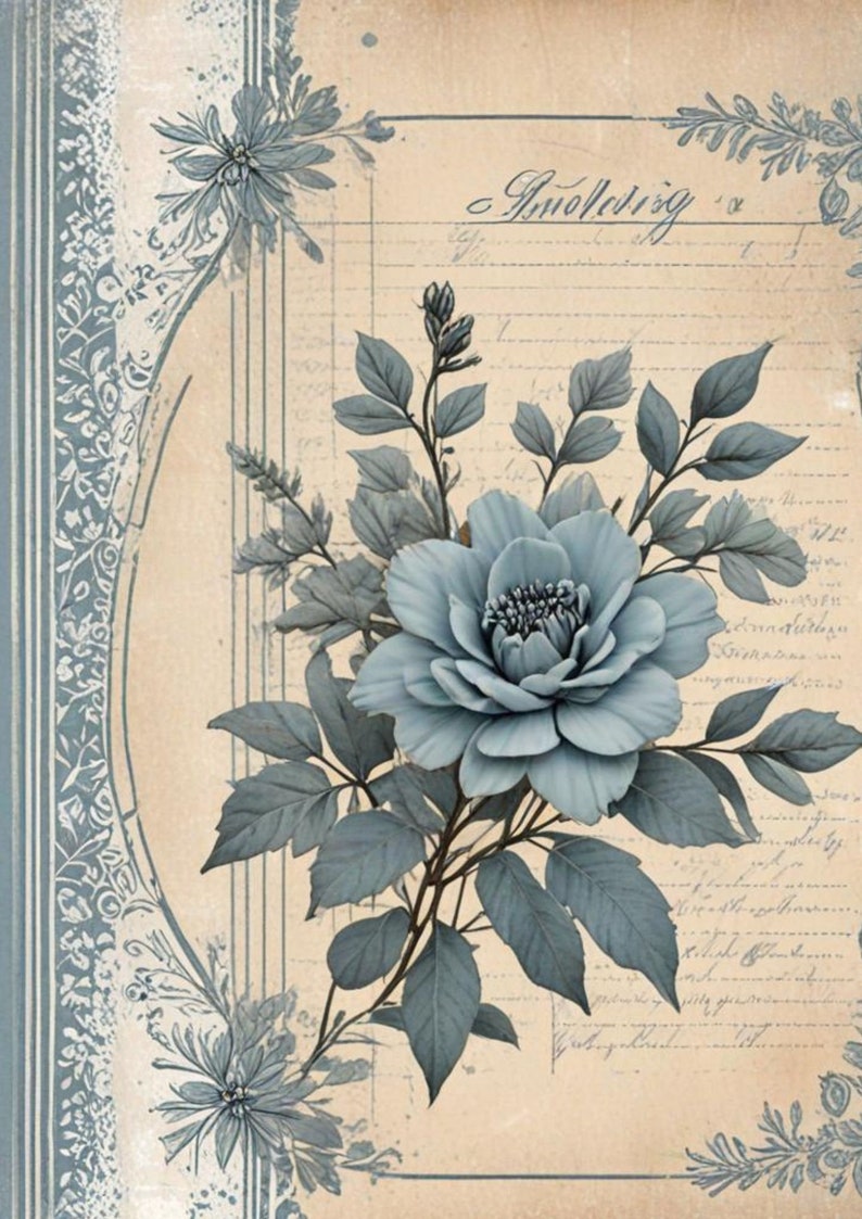 Blue Floral Journal Pages, Rustic Style , Digital Paper , Scrapbook ...