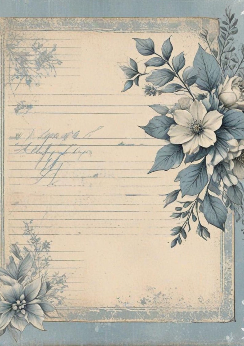 Blue Floral Journal Pages, Rustic Style , Digital Paper , Scrapbook ...