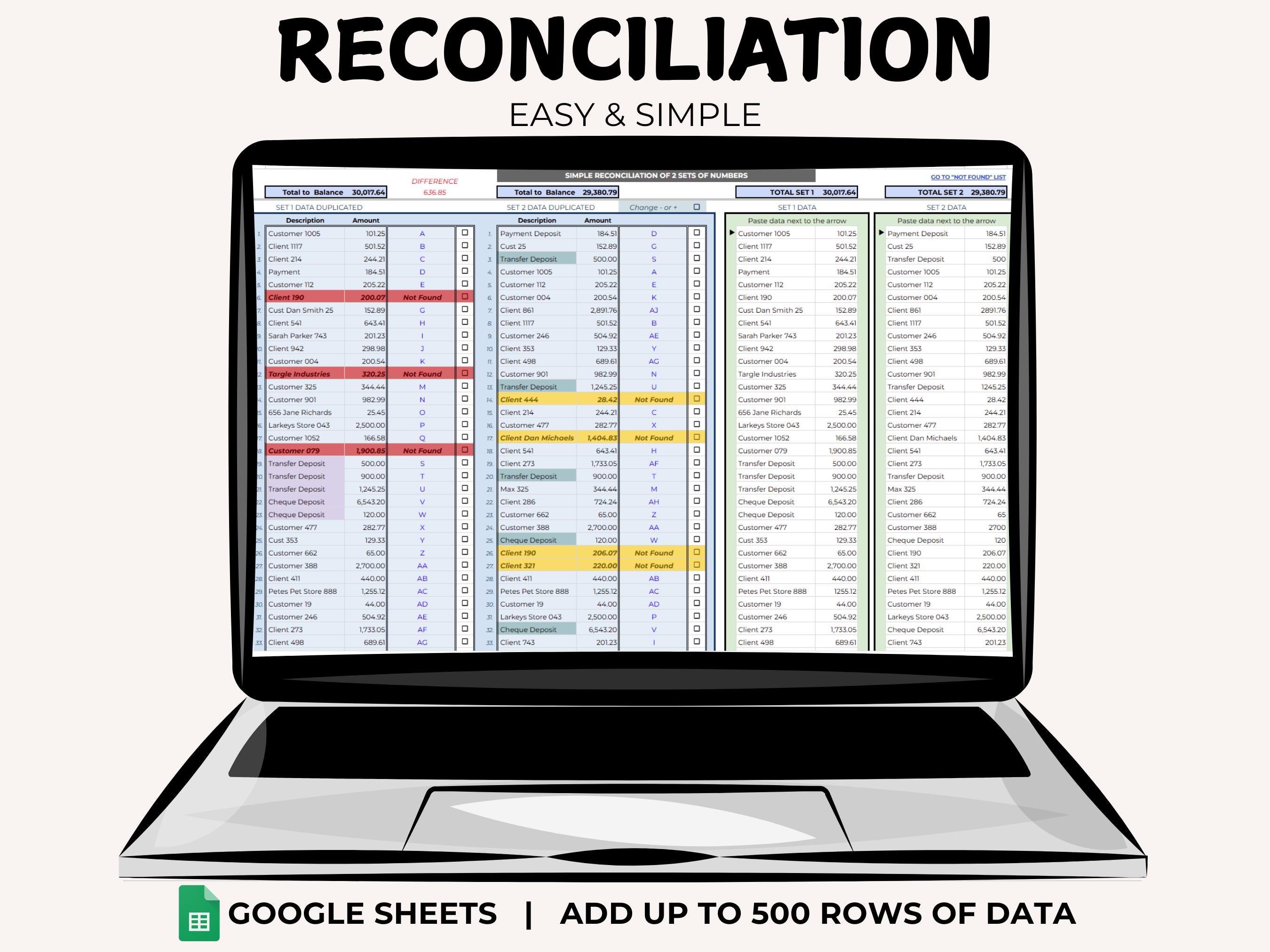 Reconciliation, 500 Entries, Google Sheets Reconciliation, Recon ...