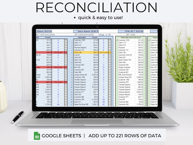 Reconciliation, 221 Entries, Google Sheets Reconciliation, Recon ...