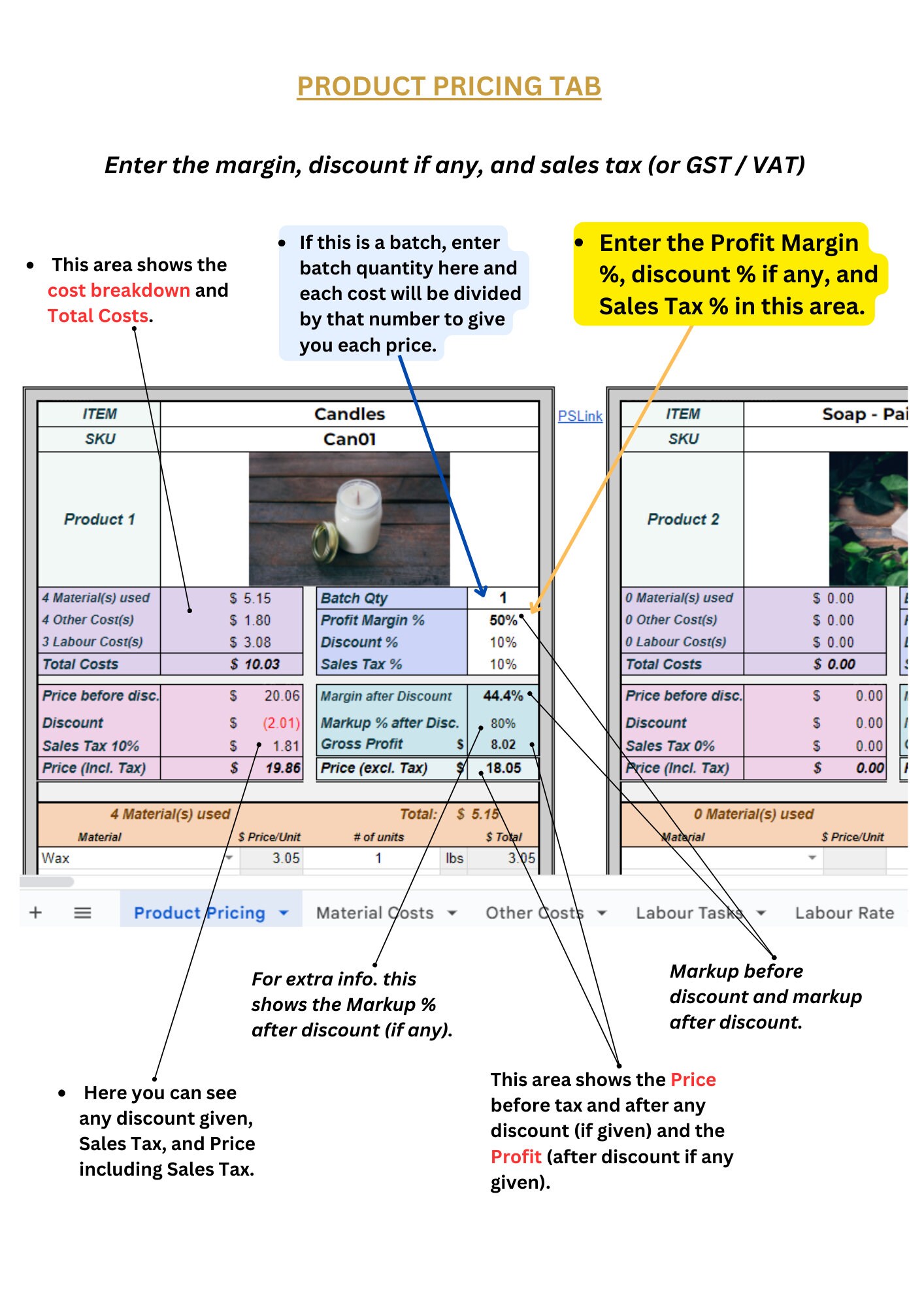 Pricing Calculator Spreadsheet, Product Pricing Calculator, Price Handmade Products, Cost ...