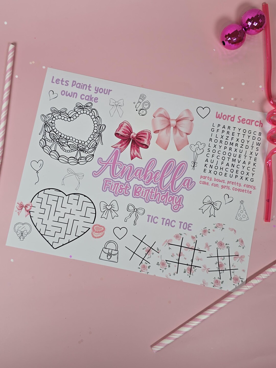 Coquette First Birthday Activity Placemat - Coloring for Baby Girl ...