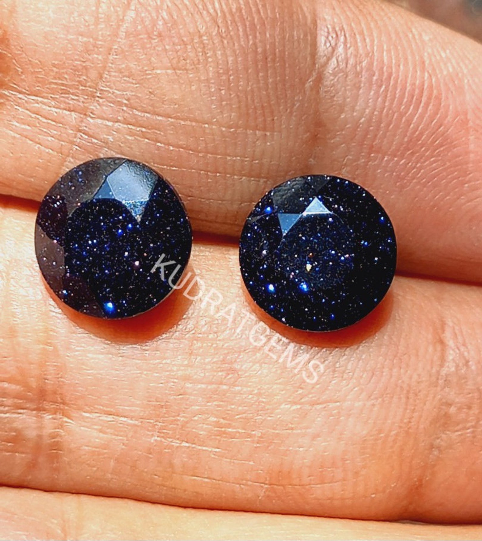Blue Sandstone Gemstone Loose Round Cut Pair Goldstone Faceted Ring ...